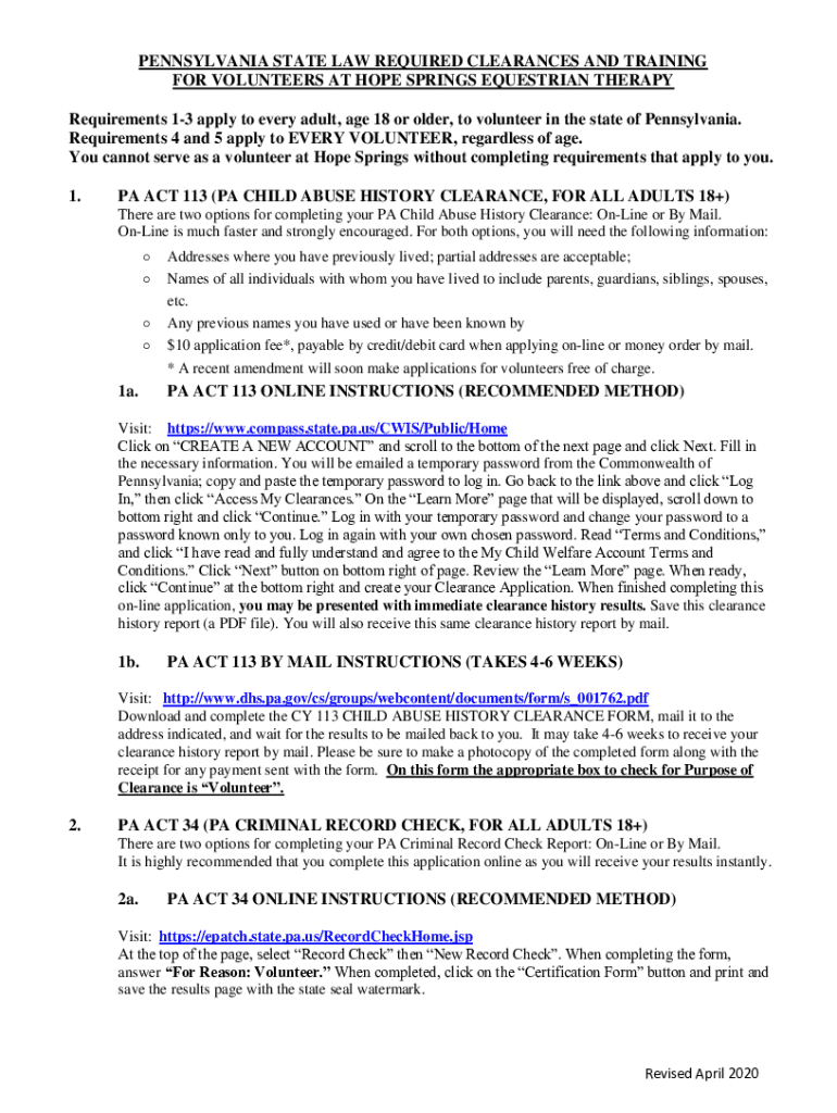 Fillable Online PENNSYLVANIA STATE LAW REQUIRED CLEARANCES AND TRAINING ...