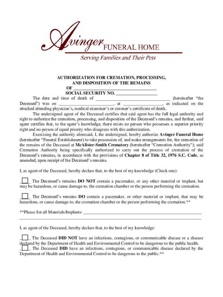 Fillable Online AUTHORIZATION FOR CREMATION, PROCESSING, AND ...