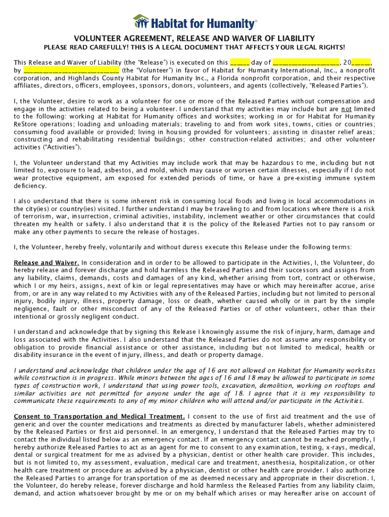 Fillable Online Volunteer Agreement & Release and Waiver of Liability Fax Email Print - pdfFiller
