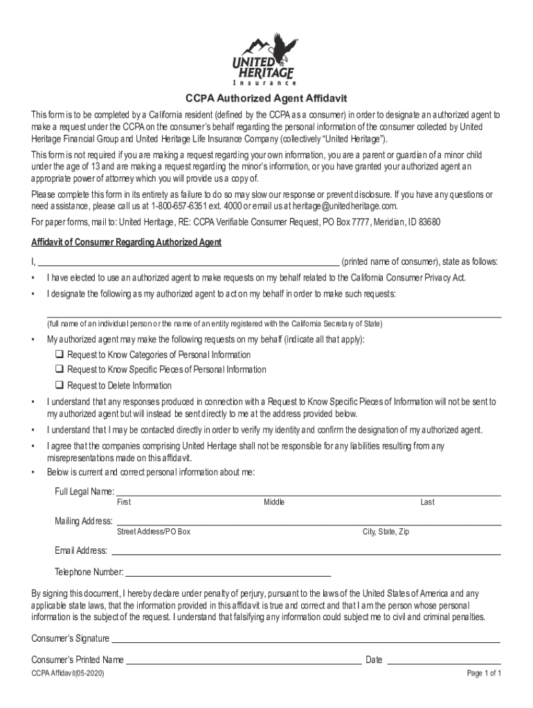 Fillable Online CCPA Verifiable Consumer Request Form - United Heritage ...
