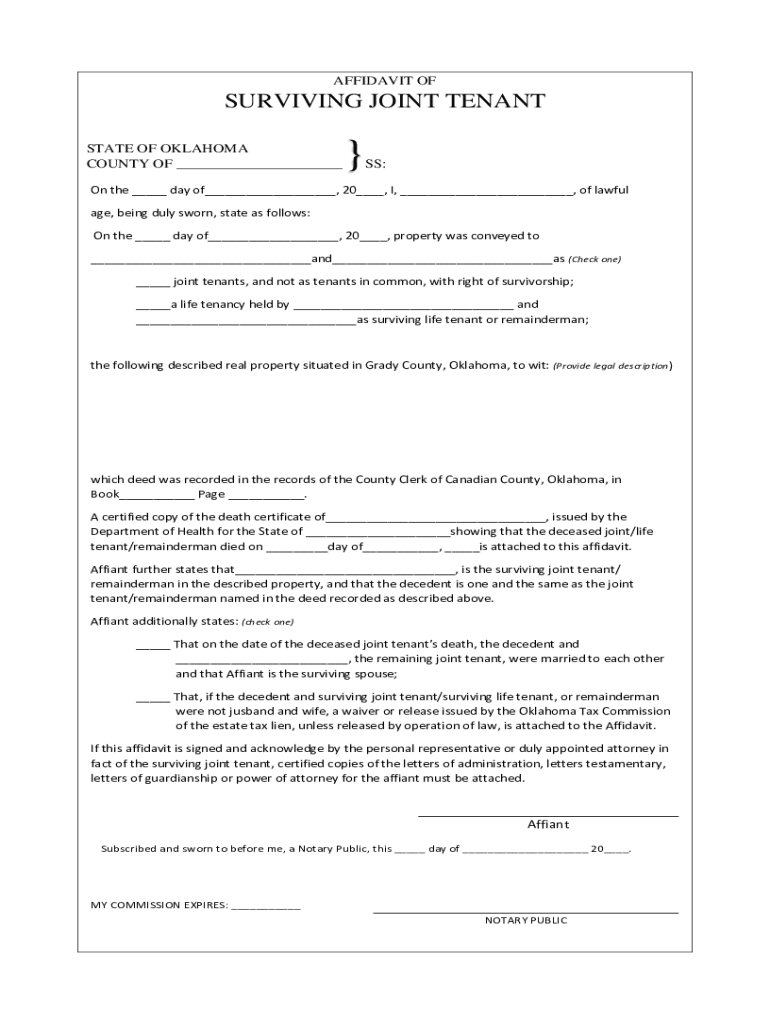 Fillable Online Affidavit Of Surviving Joint Tenant 20Pdf Fpdf Doc ... Fax Email Print - pdfFiller