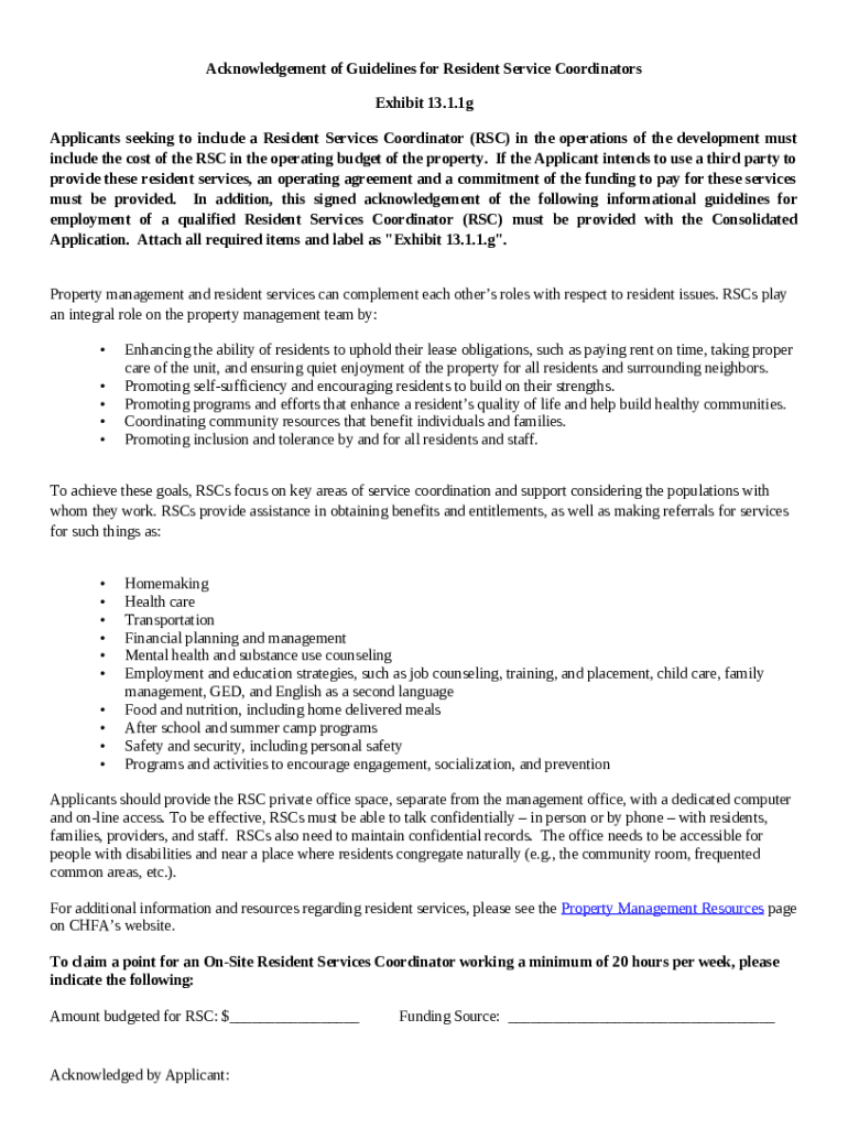 Acknowledgement of Guidelines for Resident Service Coordinators Doc ...