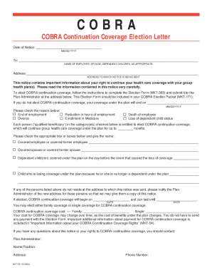 Fillable Online COBRA COBRA Continuation Coverage Election Letter Fax ...