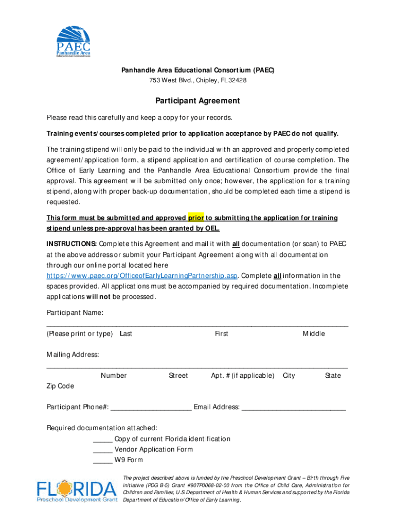 Fillable Online Participant Agreement - Panhandle Area Educational ...