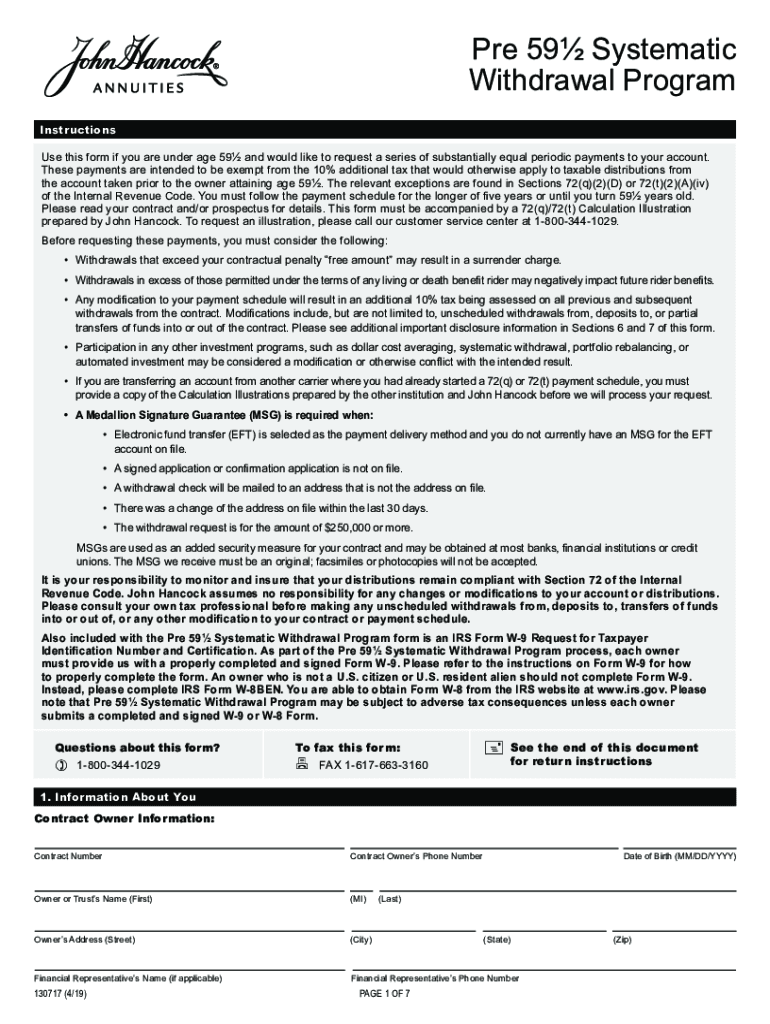 Fillable Online Annuities pre 59.5 systematic withdrawal program. 130717 pre 59.5 systematic ...