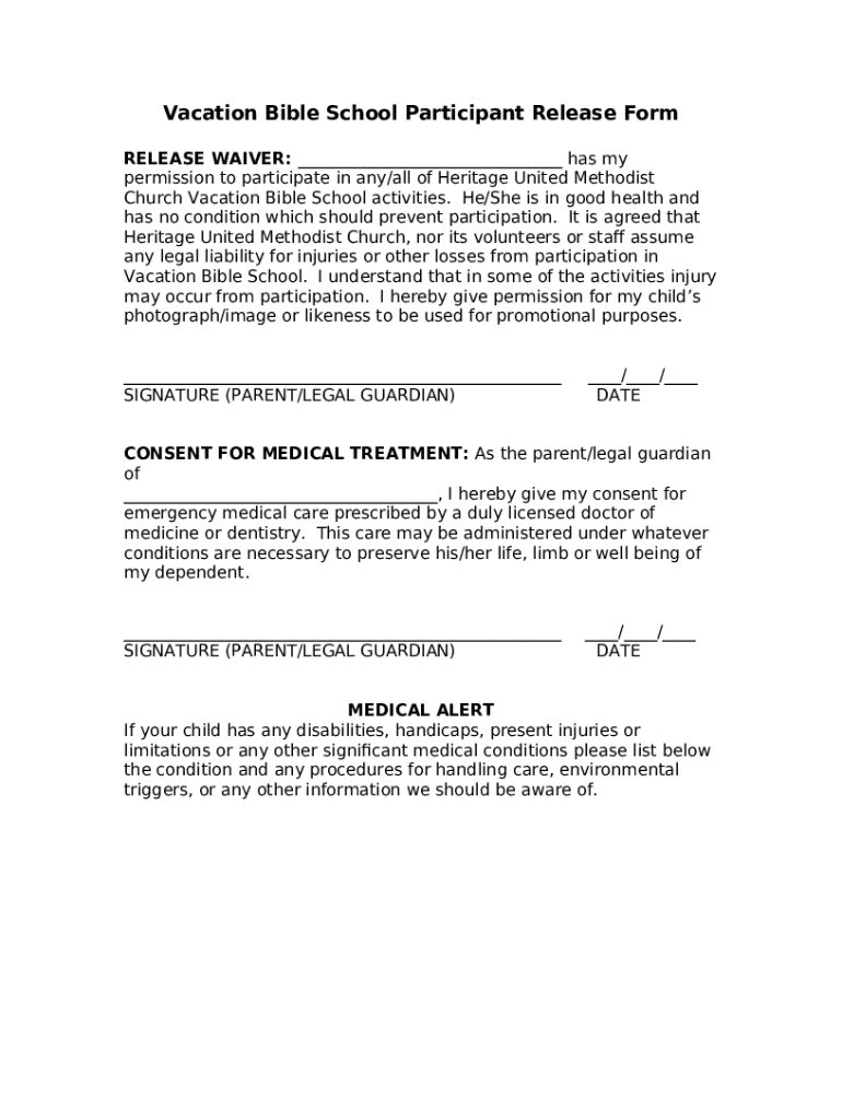 Vacation Bible School Participant Release Doc Template | pdfFiller