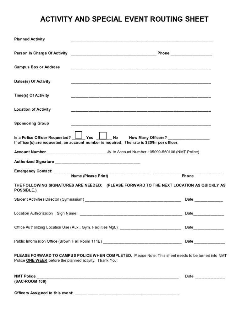 Fillable Online ACTIVITY AND SPECIAL EVENT ROUTING SHEET Fax Email ...