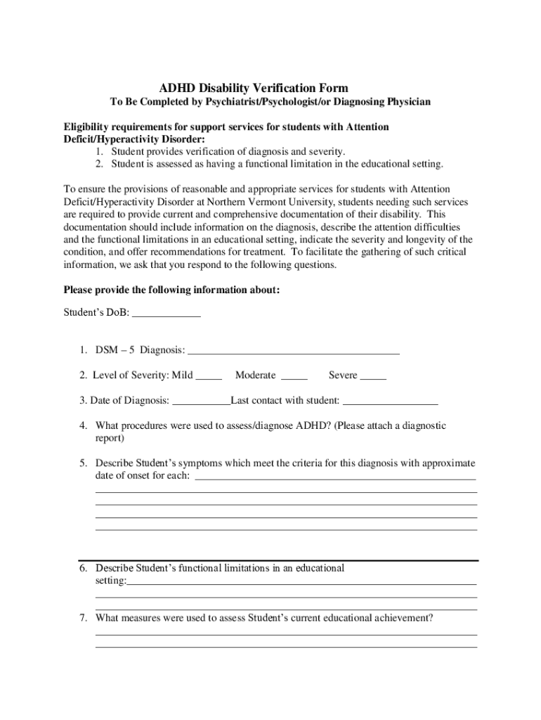 Fillable Online ADHD Disability Verification Form To Be Completed by ...