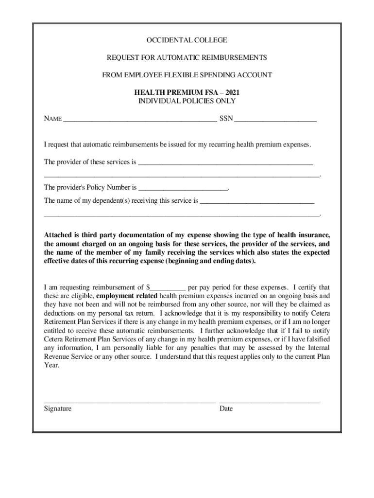 Fillable Online OCCIDENTAL COLLEGE REQUEST FOR AUTOMATIC REIMBURSEMENTS ... Fax Email Print ...