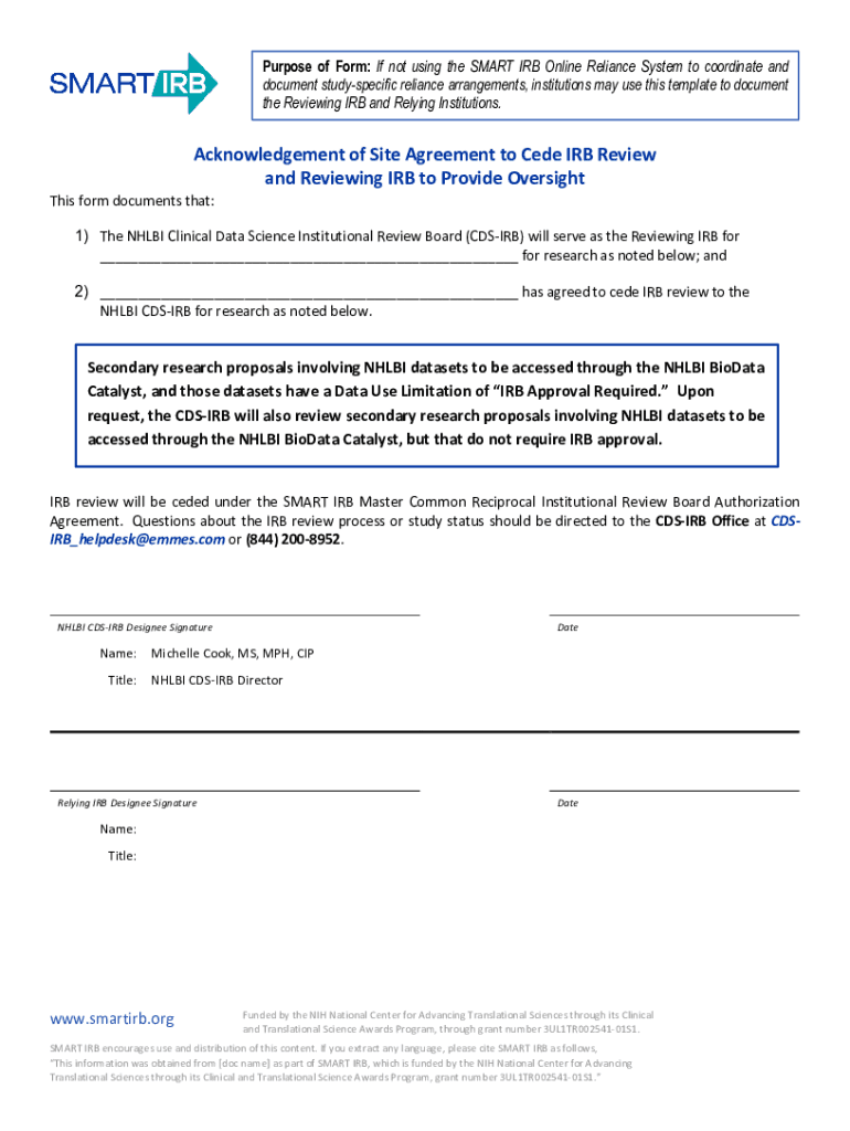 Fillable Online Template Letter: Acknowledgement of Site Agreement to Cede IRB ... Fax Email ...