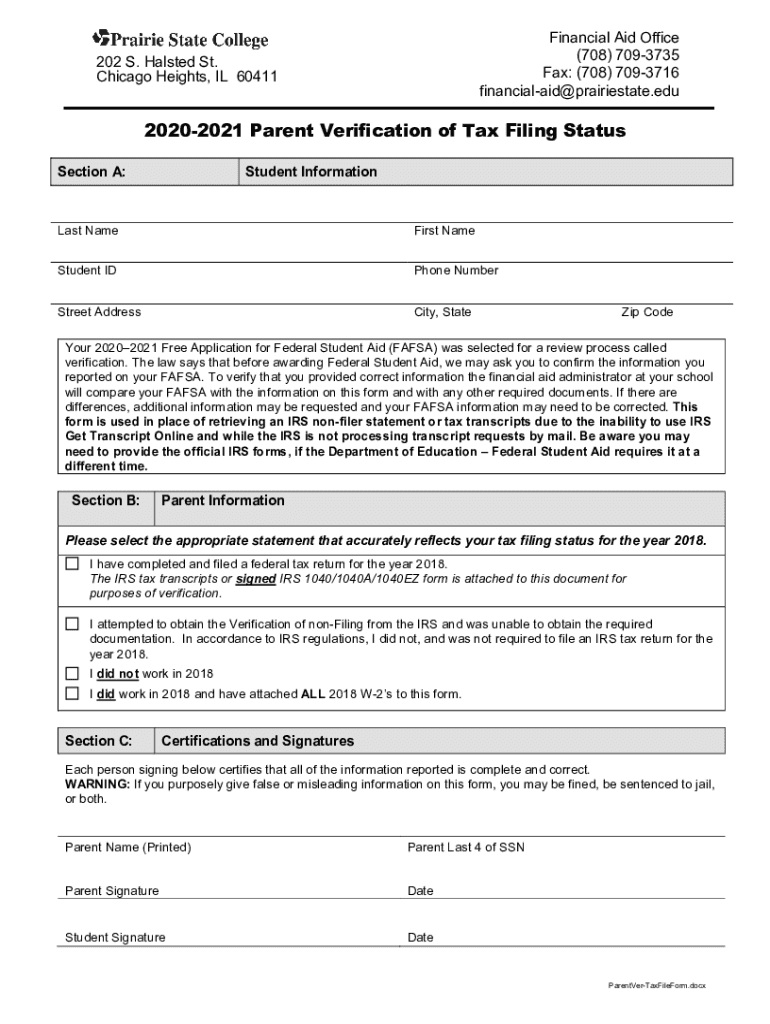Fillable Online 2020-2021 Student Verification of Tax Filing Status Fax ...