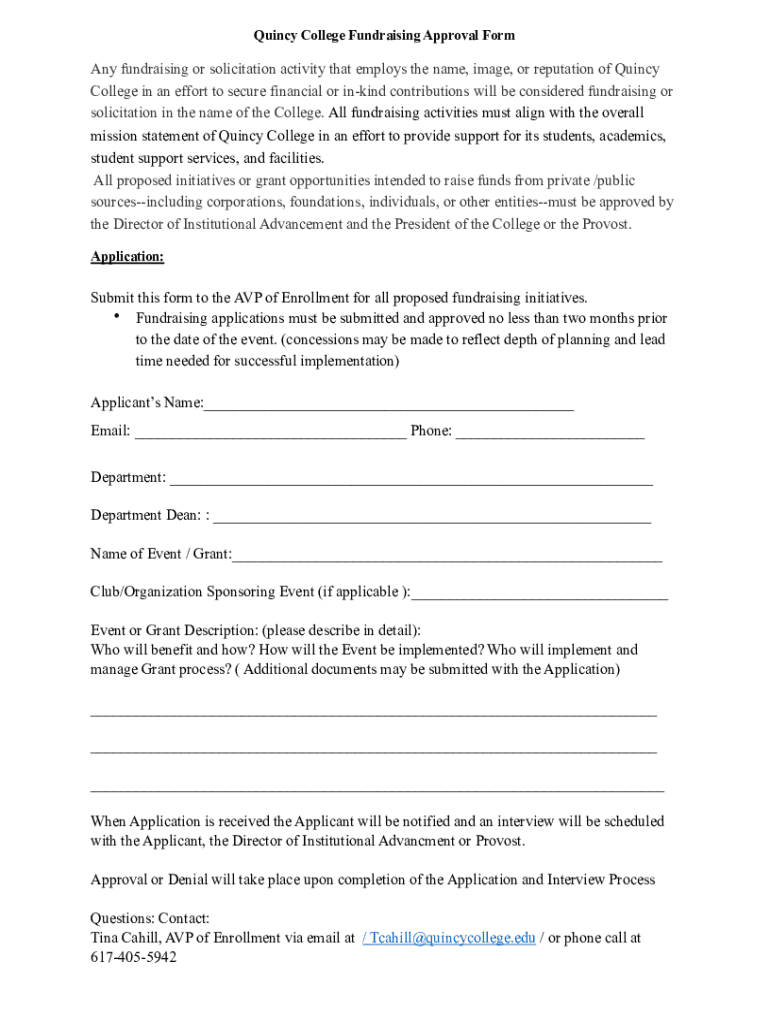 Fillable Online Quincy College Fundraising and Grant Approval Form Fax ...