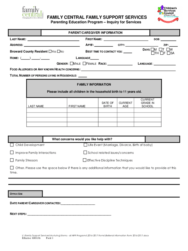 Fillable Online FAMILY CENTRAL FAMILY SUPPORT SERVICES Parenting ...