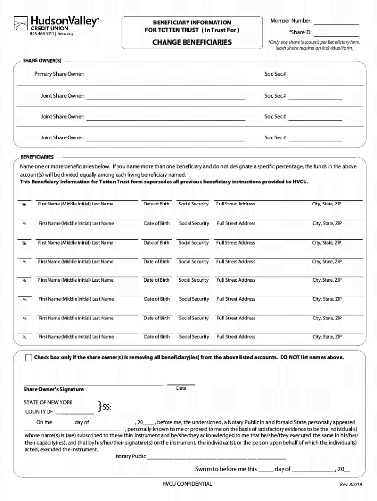 Fillable Online BENEFICIARY INFORMATION FOR TOTTEN TRUST (In Trust For ...