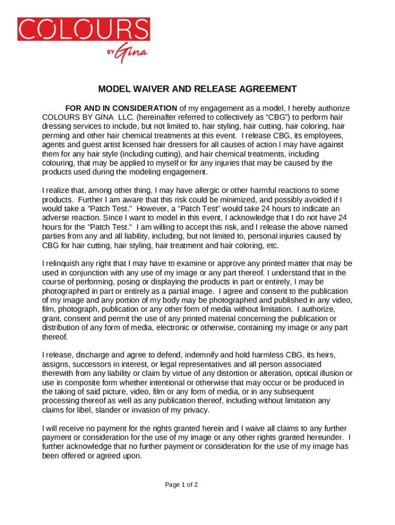 MODEL RELEASE AND WAIVER AGREEMENT - Colours By Gina Doc Template ...