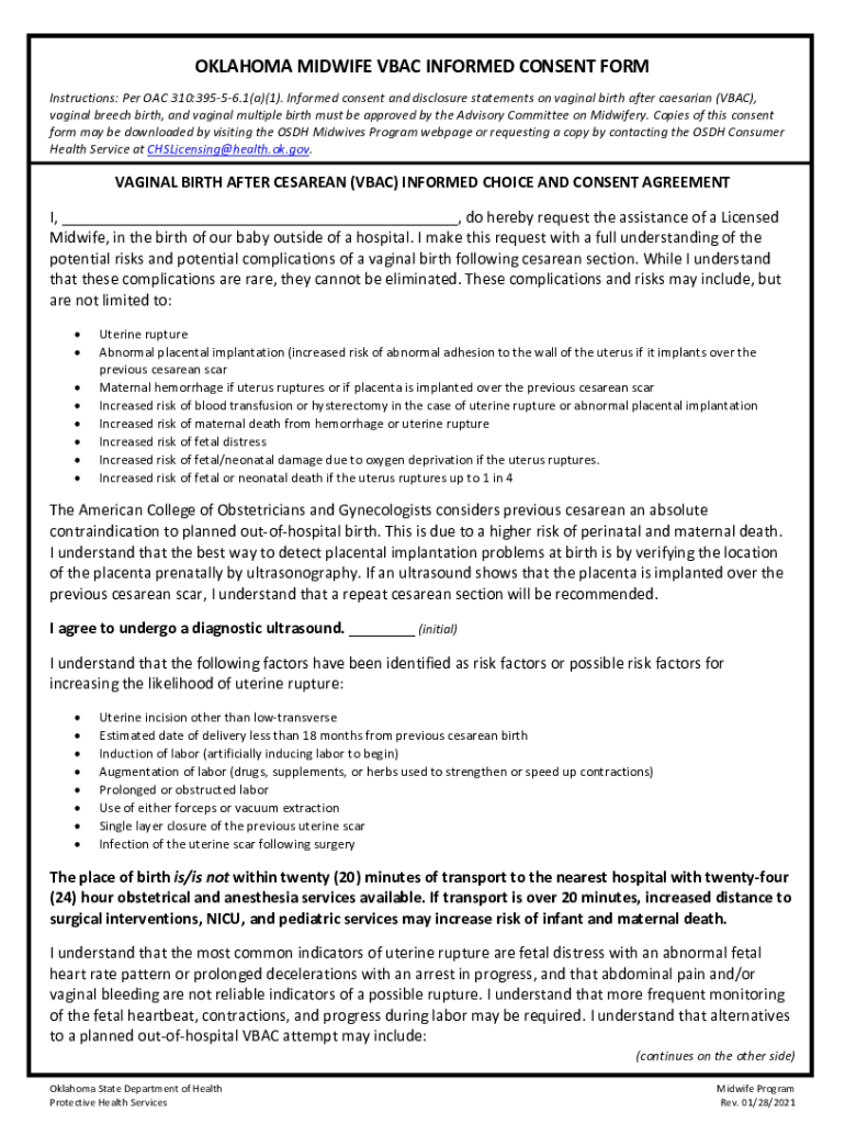 Fillable Online OKLAHOMA MIDWIFE VBAC INFORMED CONSENT FORM Fax Email ...