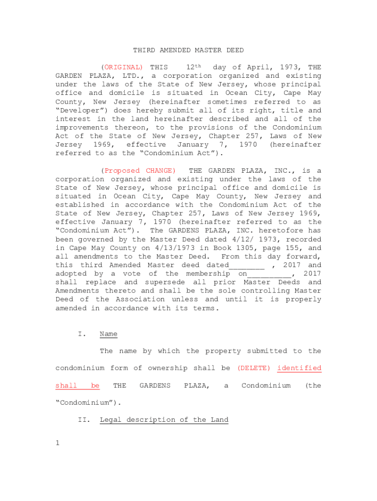 Fillable Online THIRD AMENDED MASTER DEED (ORIGINAL) THIS 12th GARDEN ... Fax Email Print ...