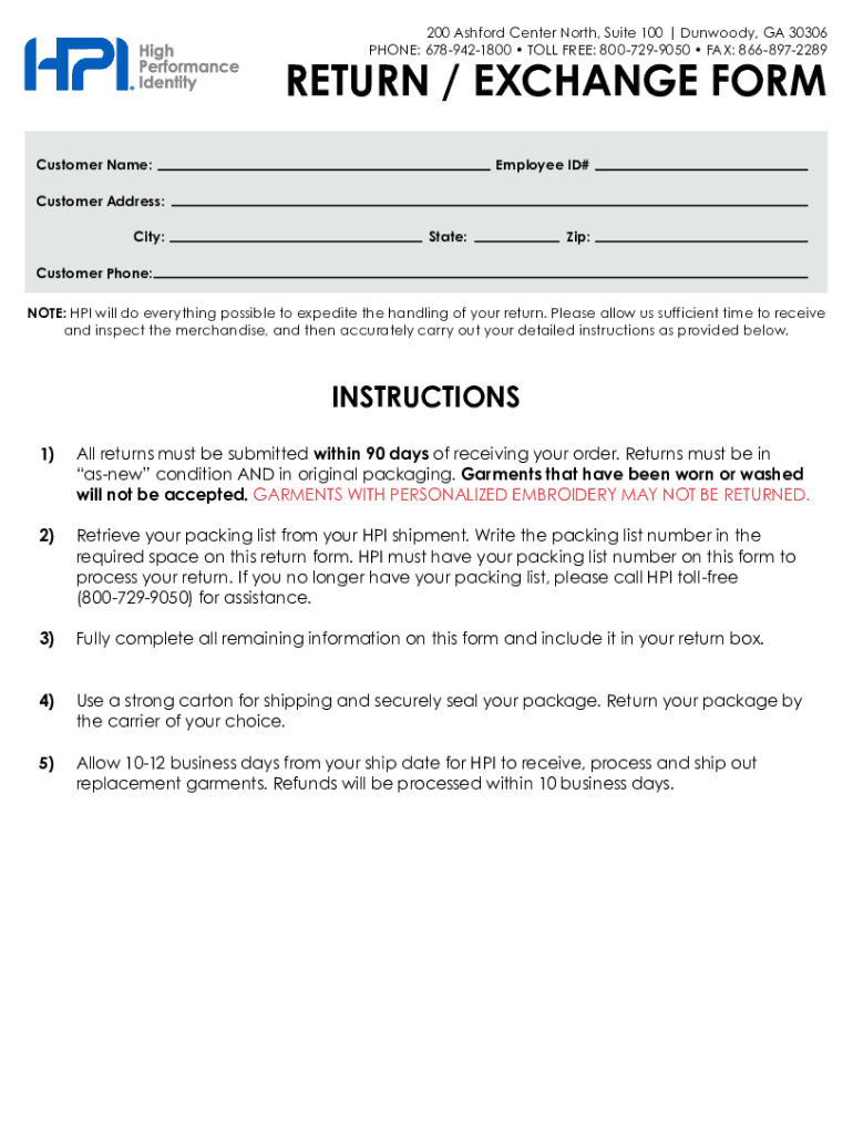 Fillable Online HPI Return/Exchange Form Fax Email Print - pdfFiller