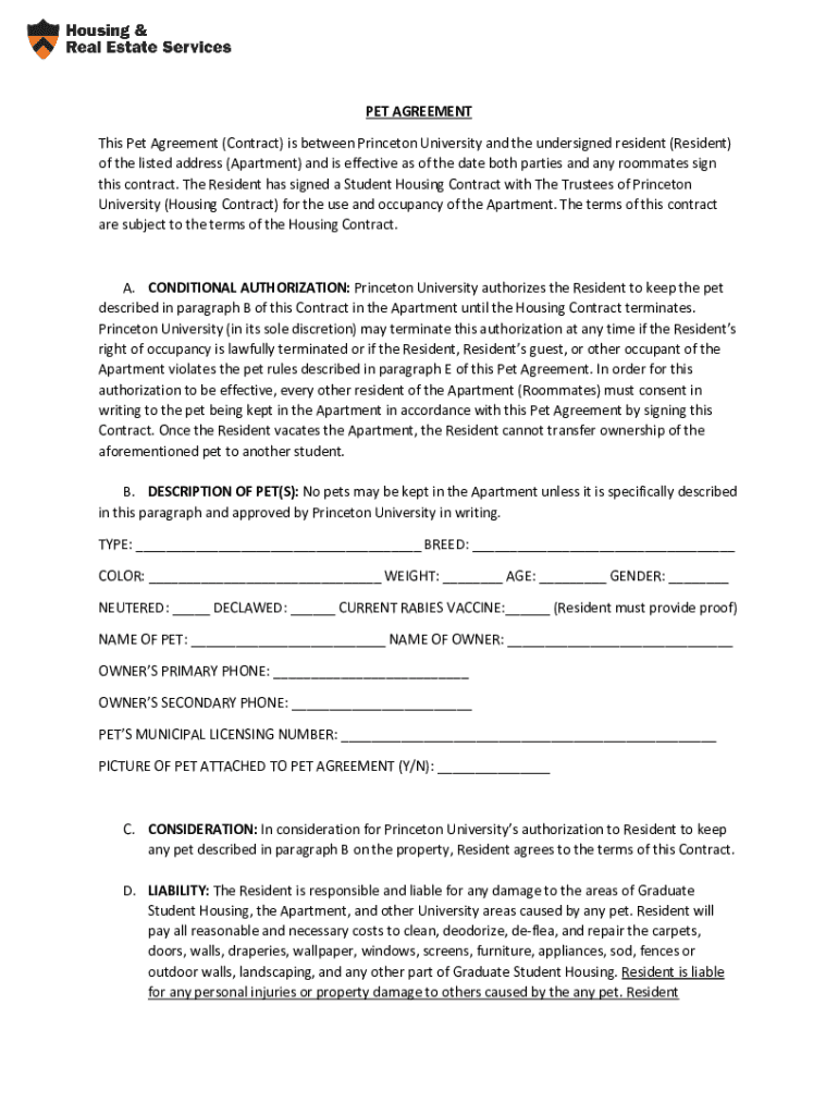Fillable Online PET AGREEMENT CONDITIONAL AUTHORIZATION - Princeton ...