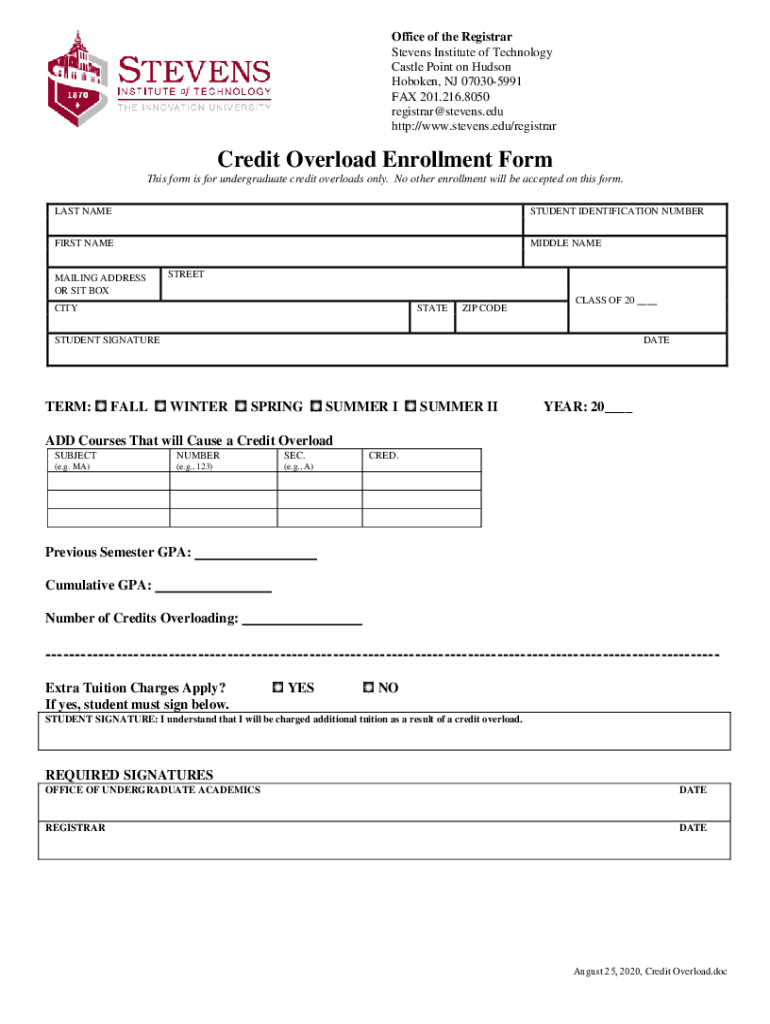 Fillable Online Credit Overload Enrollment Form - Stevens Institute of ...