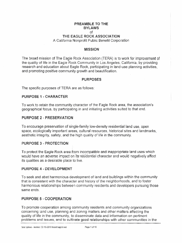 Fillable Online PREAMBLE TO THE BYLAWS THE EAGLE ROCK ASSOCIATION ...