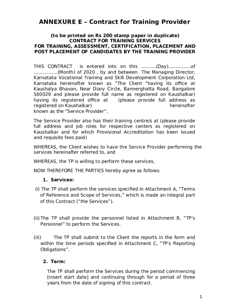 ANNEXURE EContract for Training Provider Doc Template | pdfFiller
