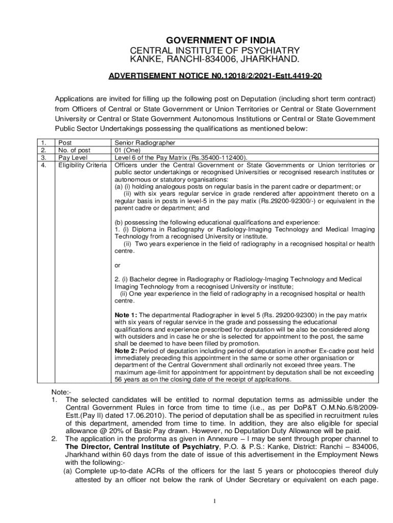 Fillable Online cipranchi nic GOVERNMENT OF INDIA CENTRAL INSTITUTE OF ...