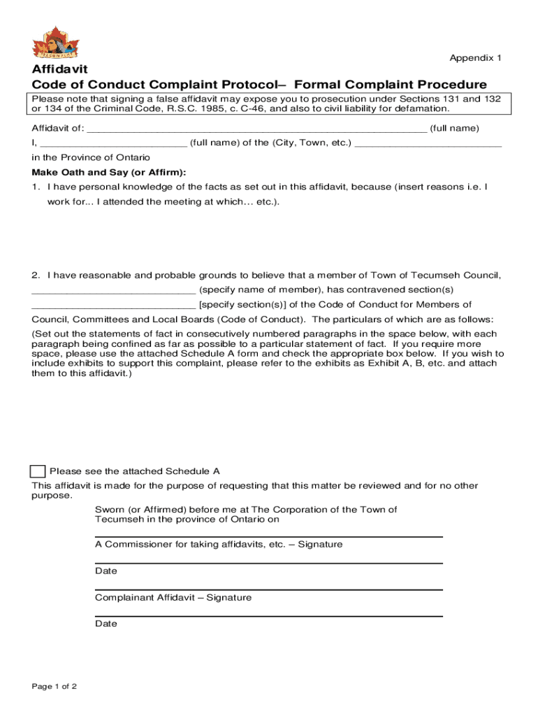 Fillable Online Code of Conduct Affidavit. Code of Conduct Affidavit ...