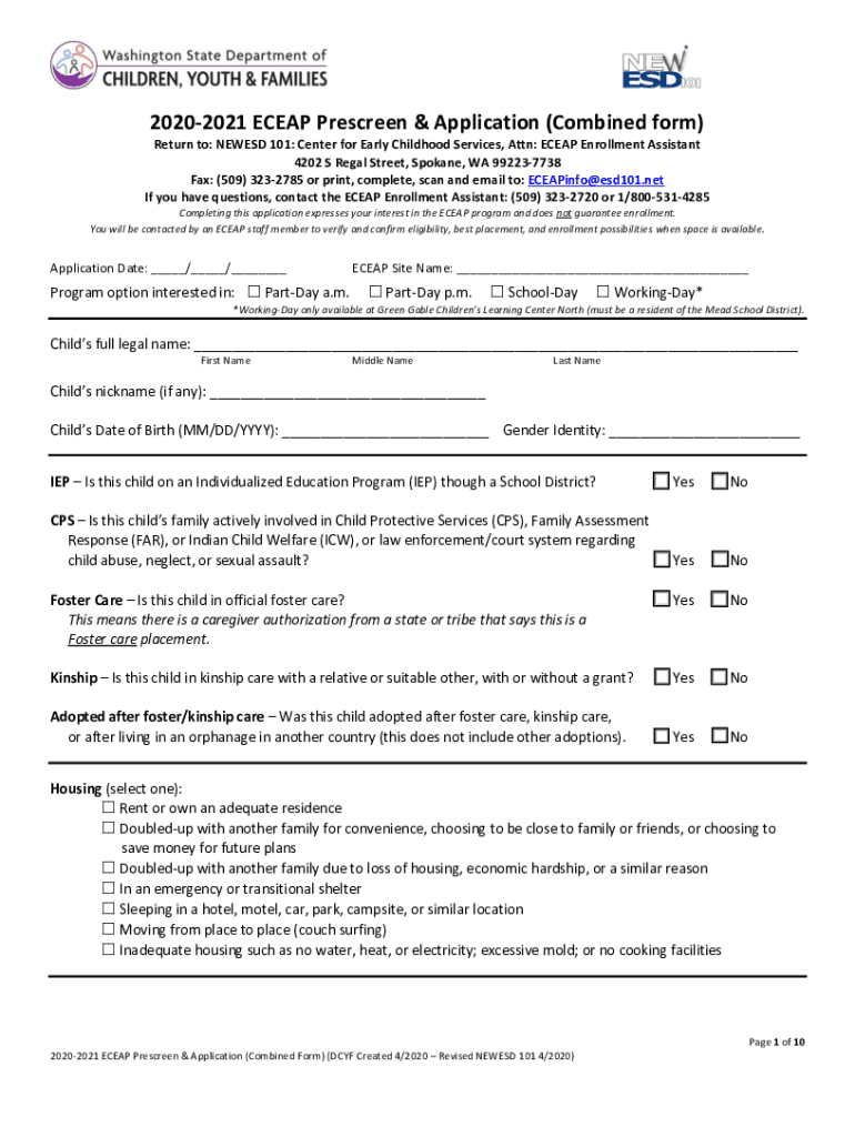 Fillable Online 2020-2021 ECEAP Prescreen & Application (Combined form ...