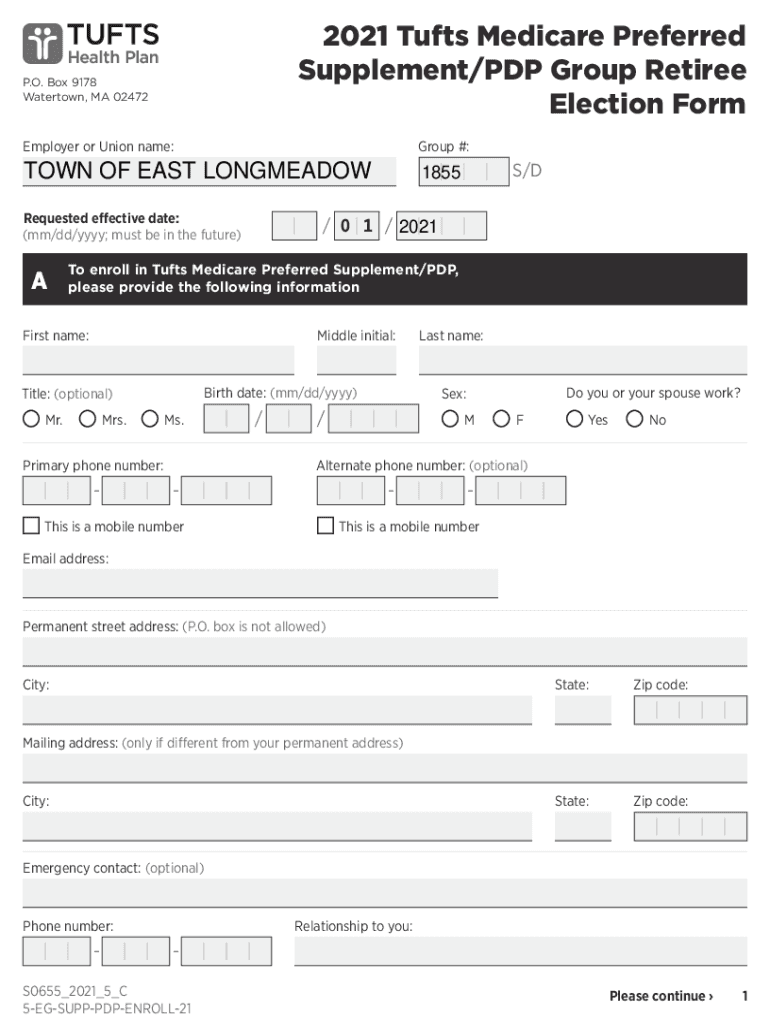 Fillable Online Tufts Medicare Preferred Supplement 2021 Enrollment ...