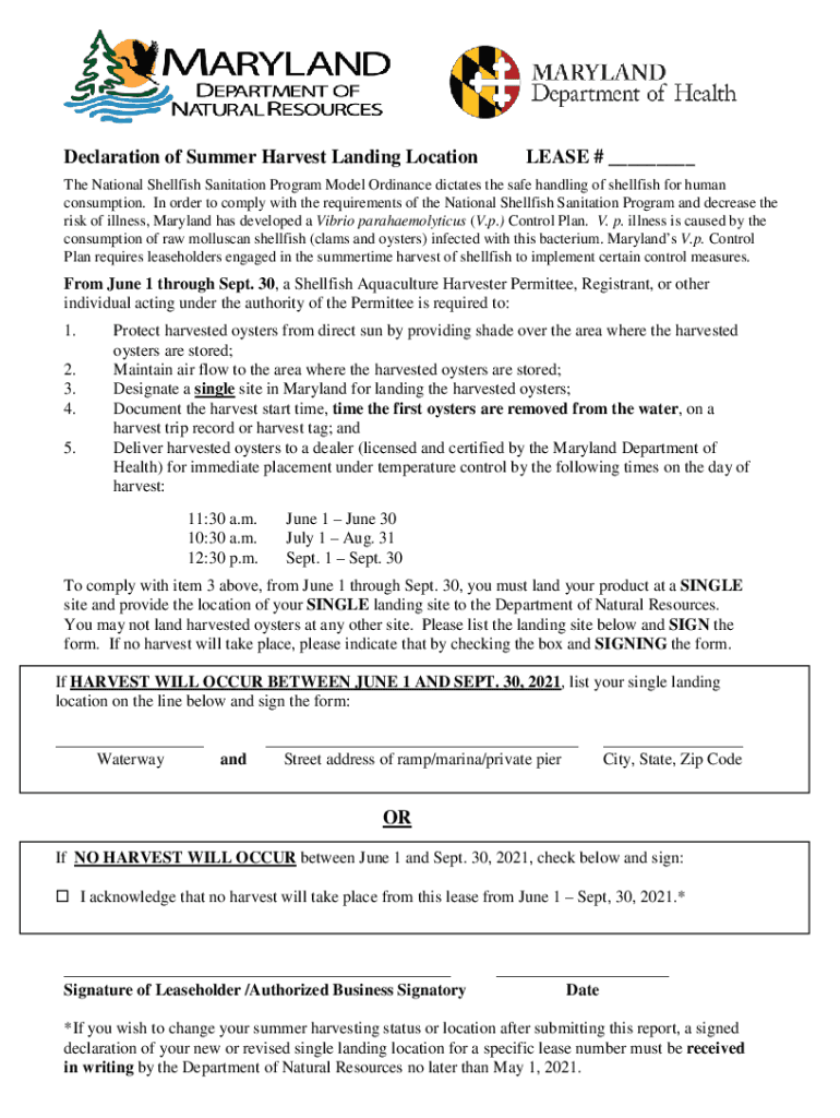 Fillable Online dnr maryland Declaration of Summer Harvest Landing ...