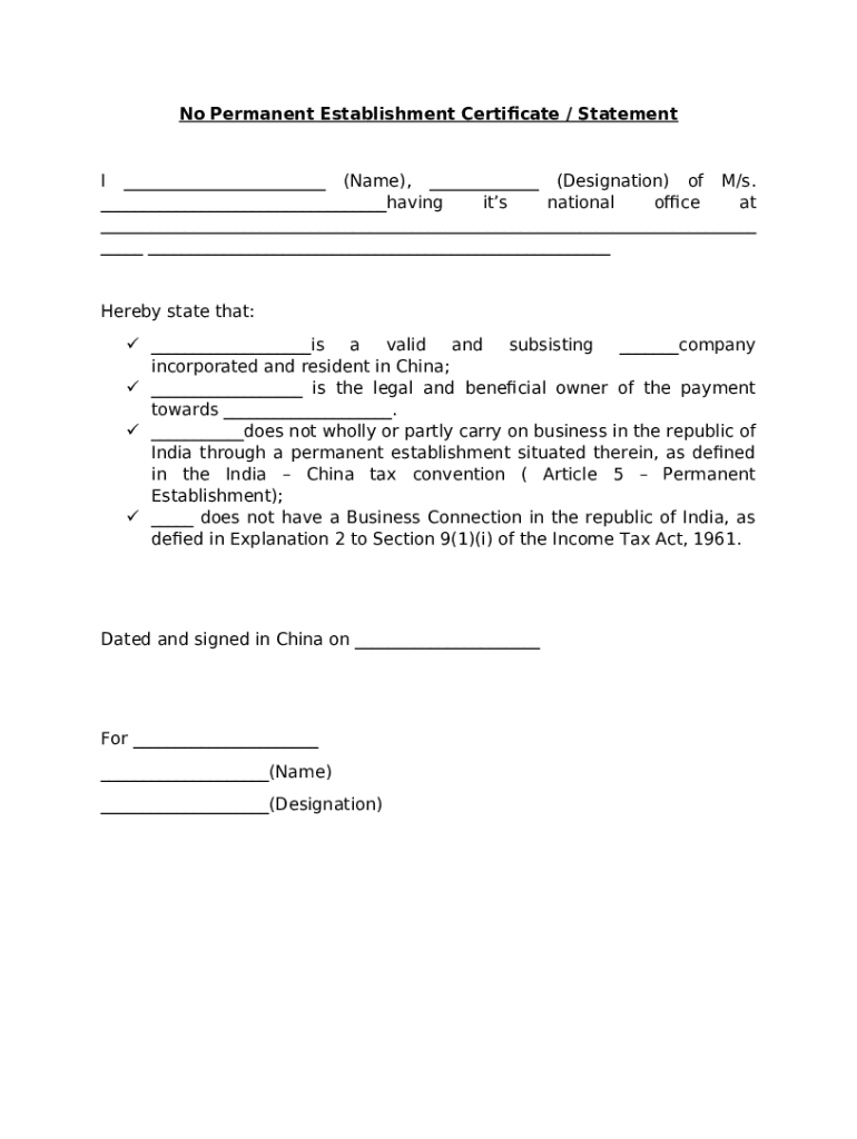 no permanent establishment certificate Doc Template | pdfFiller