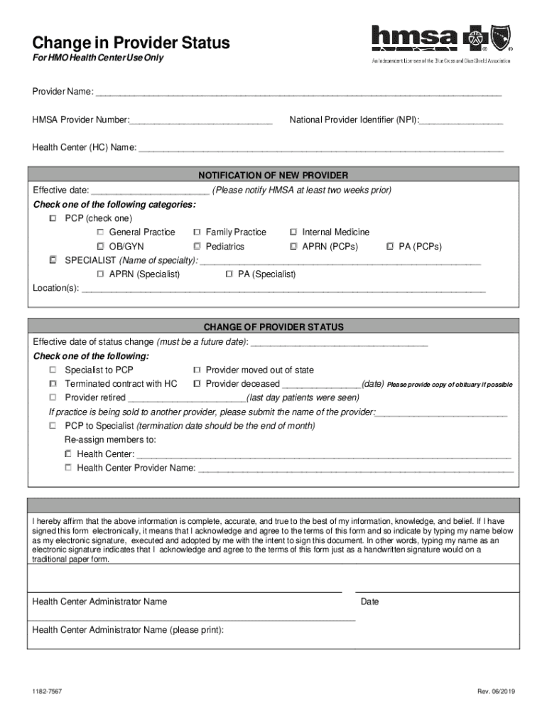 Fillable Online HMO Health Center Provider Change of Status Form - HMSA ...