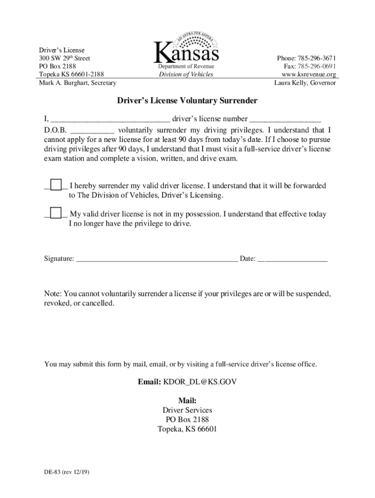 Fillable Online ww ksrevenue Voluntary Surrender form - DE-83 ...