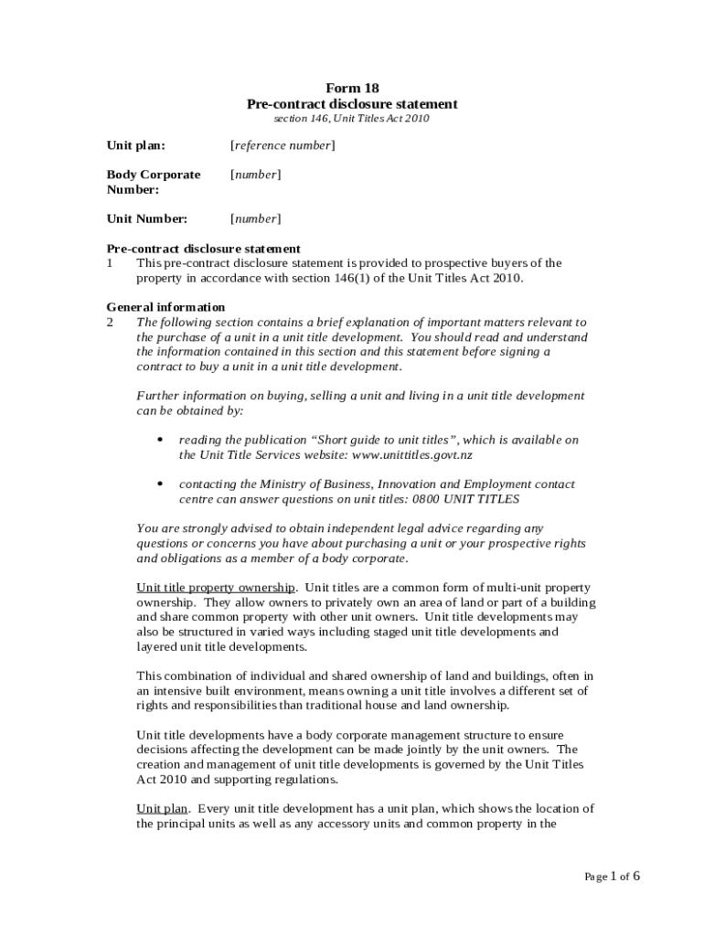 Unit Titles Act 18Pre-contract Disclosure Statement Doc Template ...