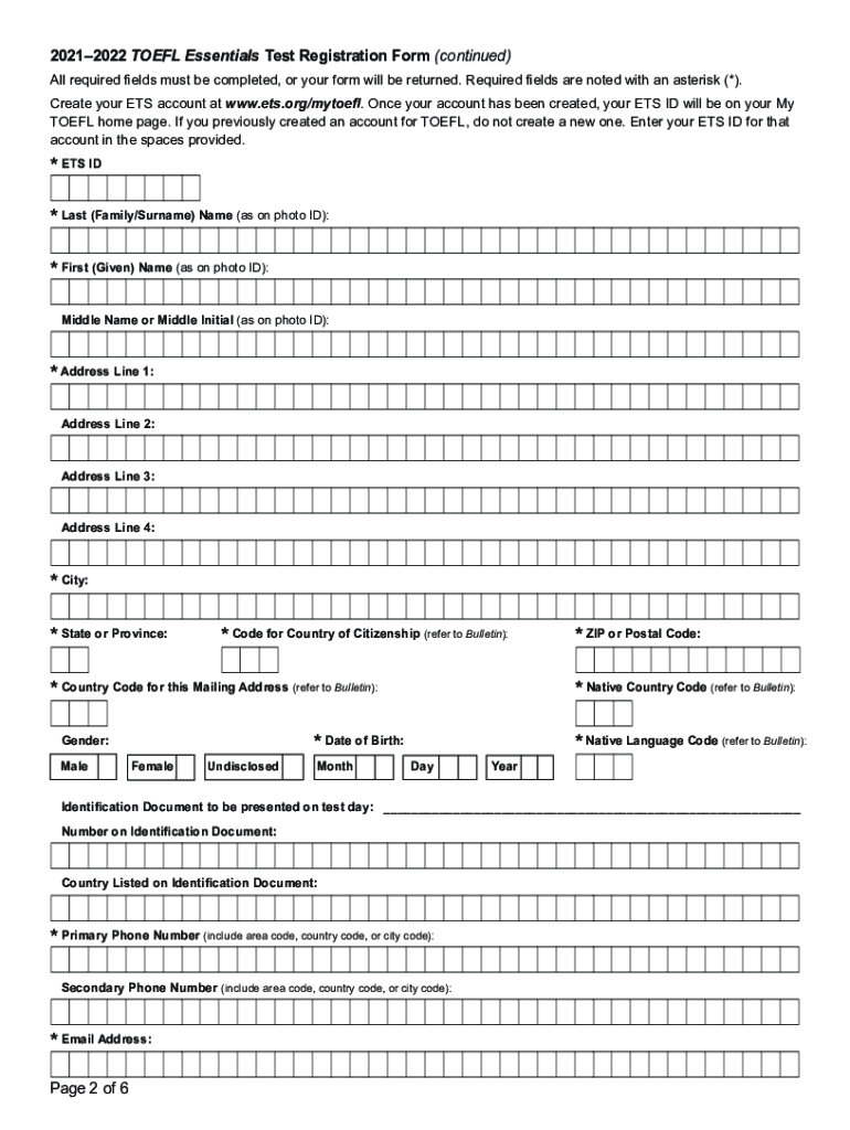 Fillable Online 20212022 TOEFL Essentials Test Registration Form Fax ...