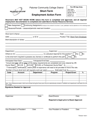 Fillable Online www2 palomar Short-Term Employment Action Form Fax ...