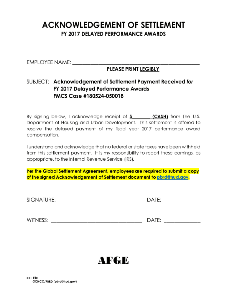Fillable Online ACKNOWLEDGEMENT OF SETTLEMENT Fax Email Print - pdfFiller