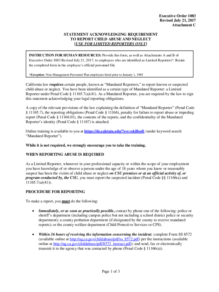 Fillable Online Executive Order 1083 Revised July 21, 2017, to ...