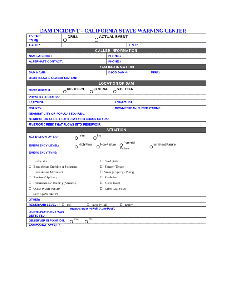 California State Warning Center Dam Incident Doc Template | pdfFiller