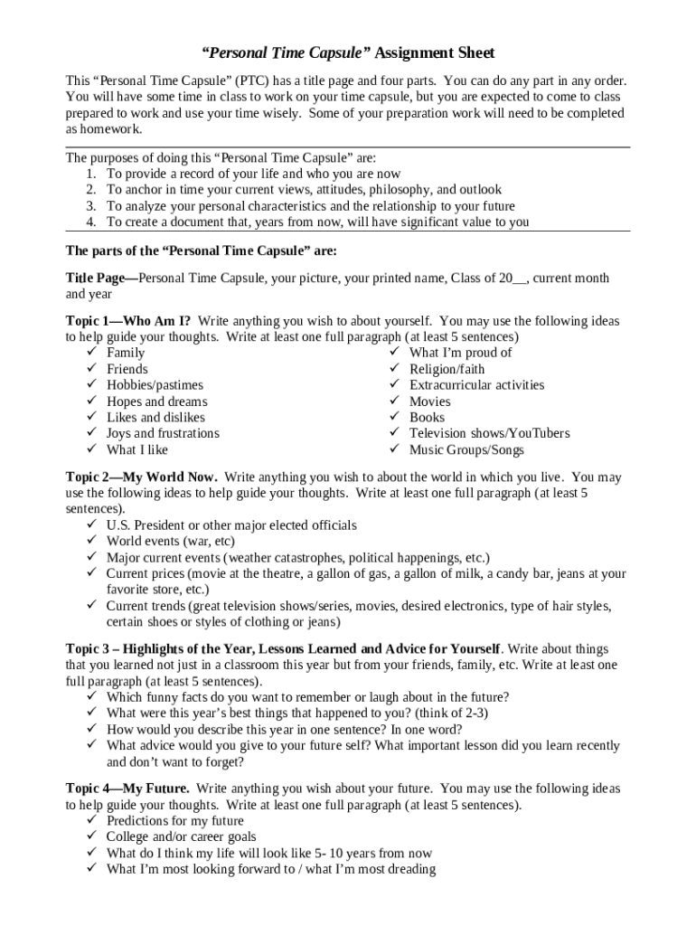 "Personal Time Capsule" Assignment Sheet Doc Template | pdfFiller