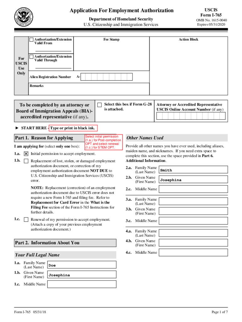 Fillable Online I-765, Application for Employment Authorization ...
