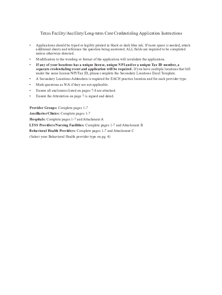 Fillable Online Texas Facility/Ancillary/Long-term Care Credentialing Application Instructions ...