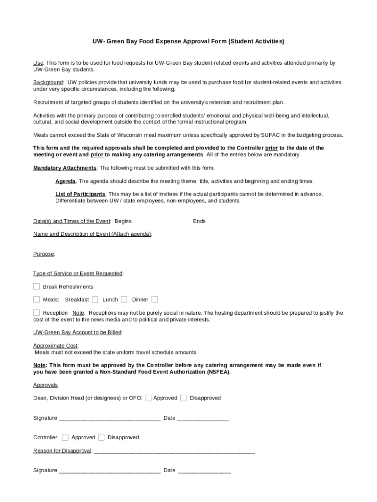 UW- Green Bay Food Expense Approval (Student Activities) Doc Template ...