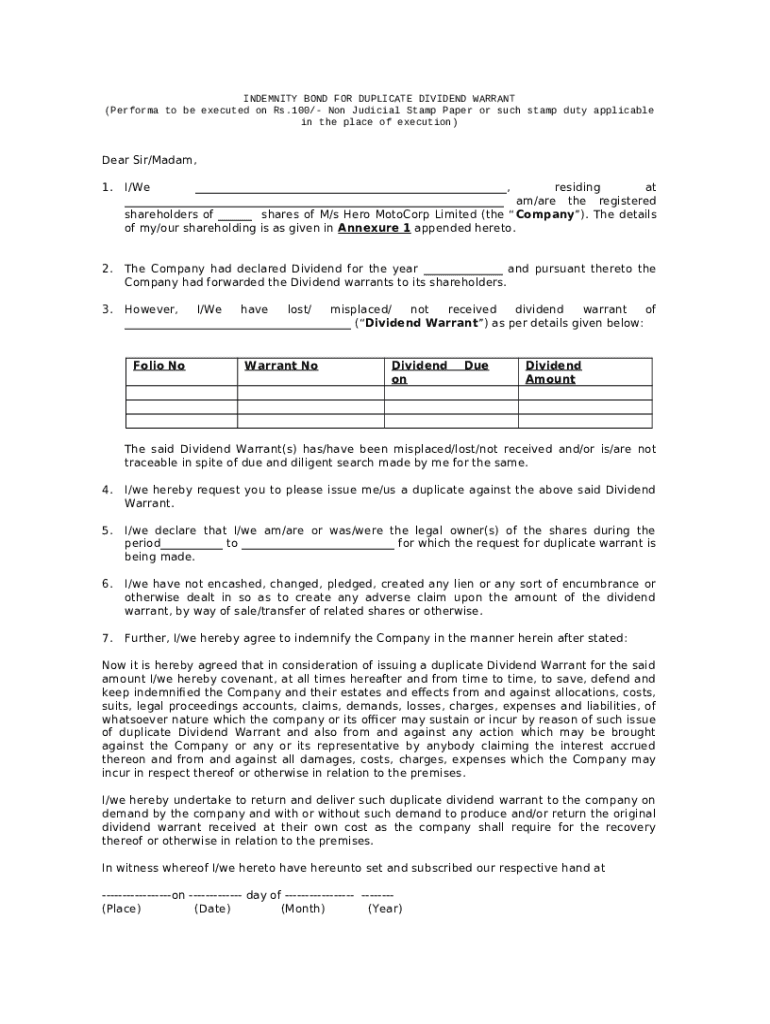 INDEMNITY BOND FOR DUPLICATE DIVIDEND WARRANT (PROA TO BE ... Doc Template | pdfFiller