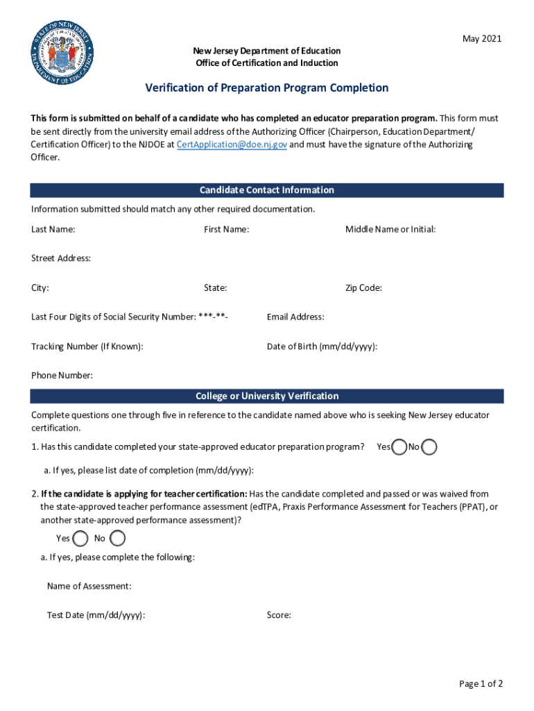 Fillable Online Verification of Preparation Program Completion Form Fax ...