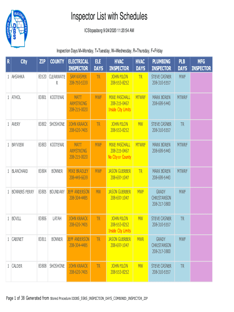 Fillable Online dbs idaho Inspector List with Schedules Fax Email Print ...