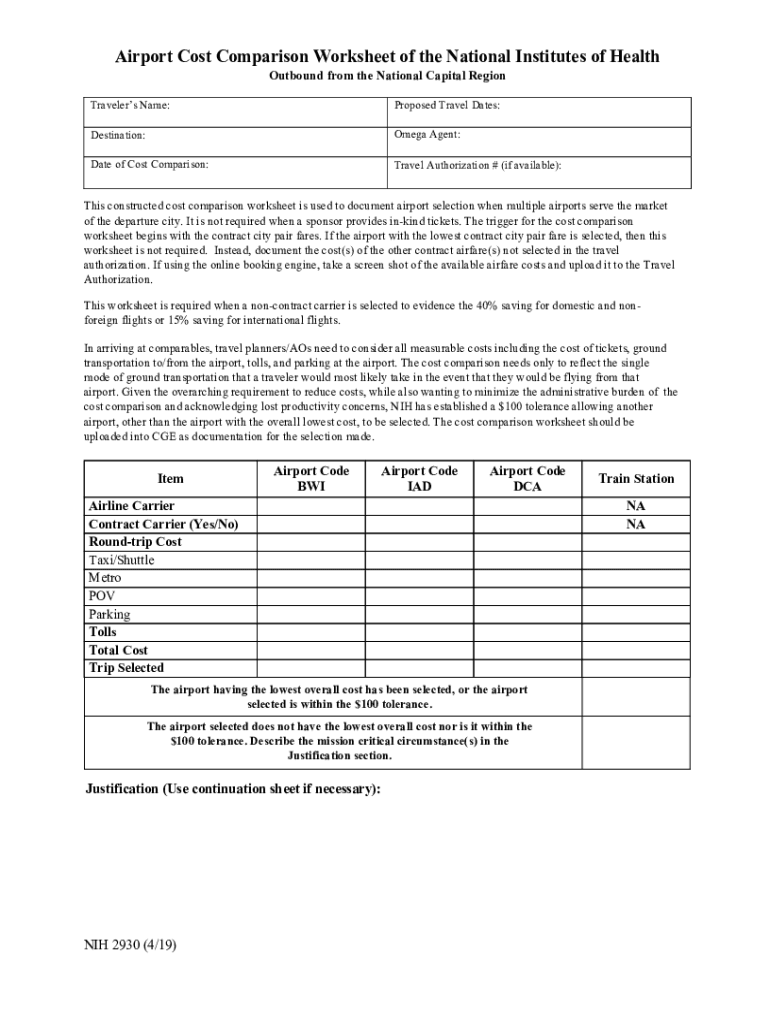 Fillable Online oma od nih FORM NIH 2930. Airport Cost Comparison ...