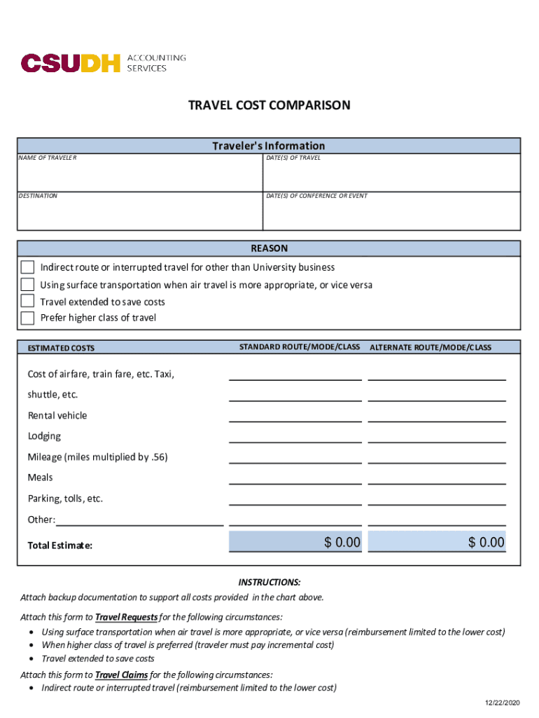 Fillable Online Travel Cost Comparison Form Fax Email Print - pdfFiller