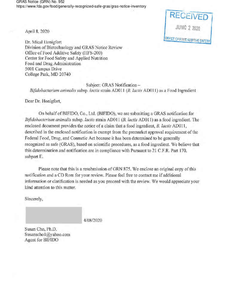 Fillable Online GRAS Notice 952, Bifidobacterium animalis subsp. lactis ...